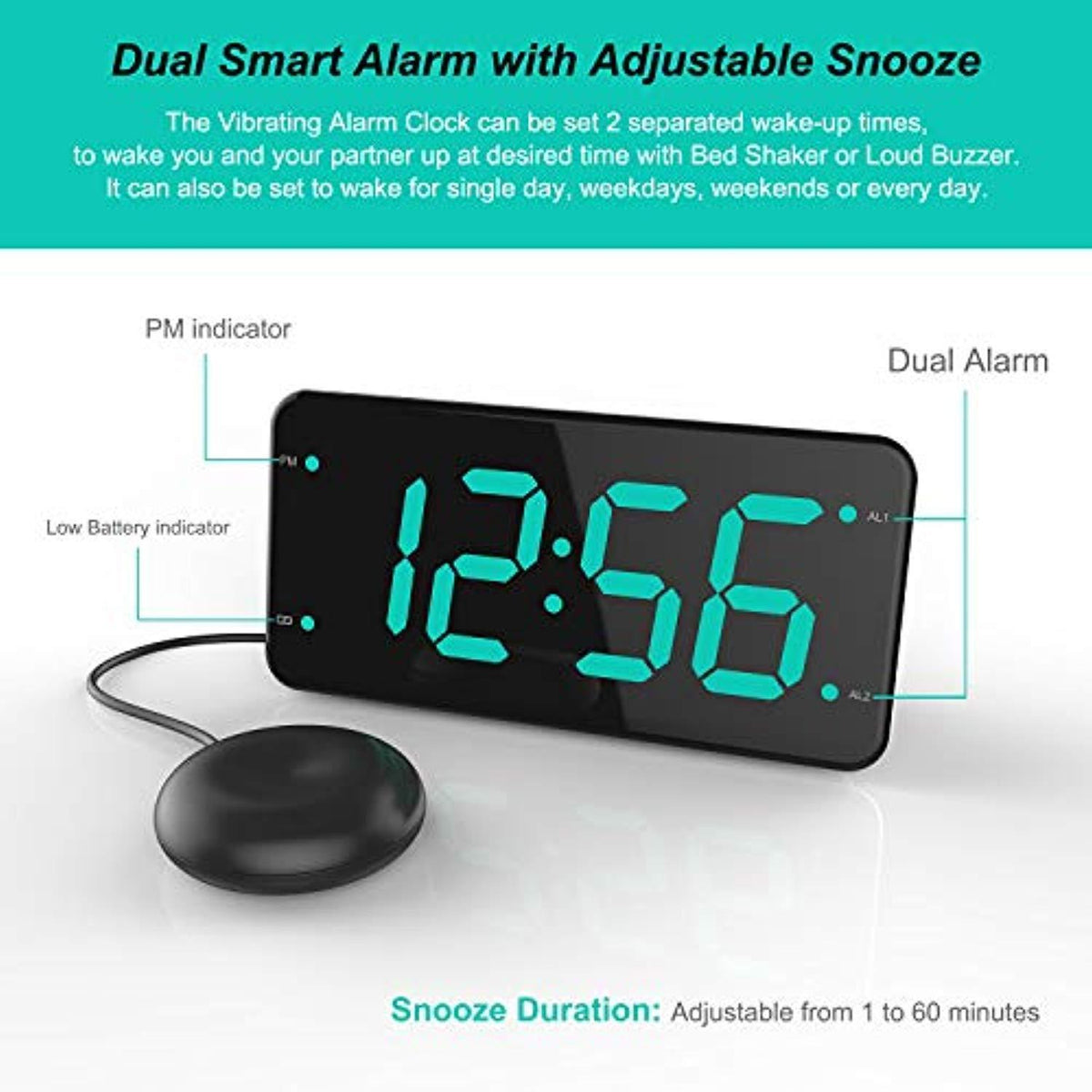 Digital Alarm Clock with Bed Shaker, Extra Loud Alarm, 7-inch Large Di ...