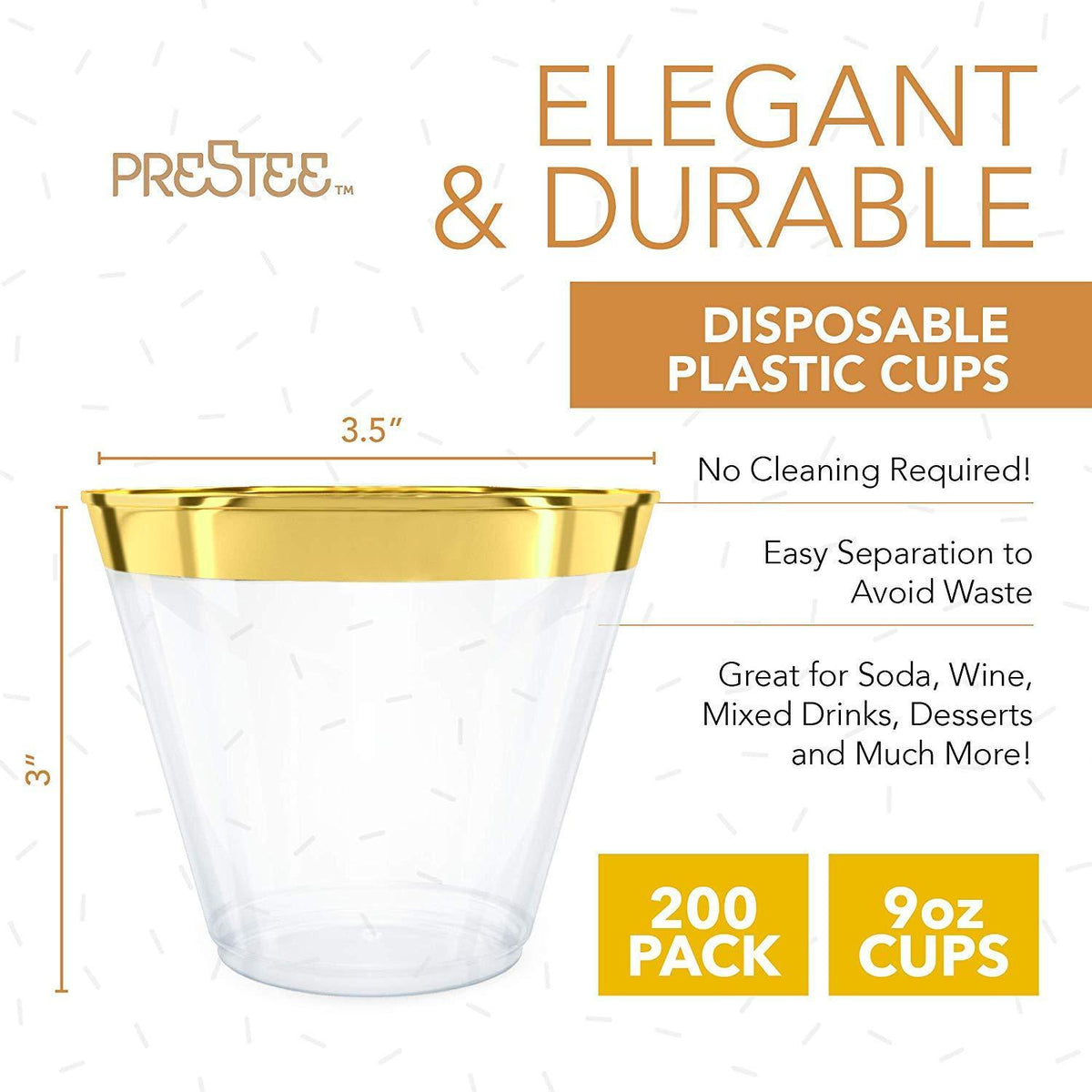 200 Gold Plastic Cups | 9 oz | Hard Disposable Cups | Plastic Wine Cup ...
