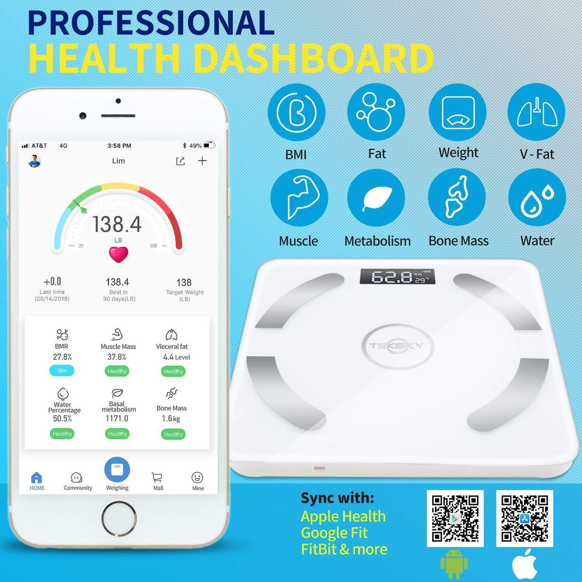 TekSky Smart Body Fat Scale, Wireless Body Composition Monitor with Bl ...